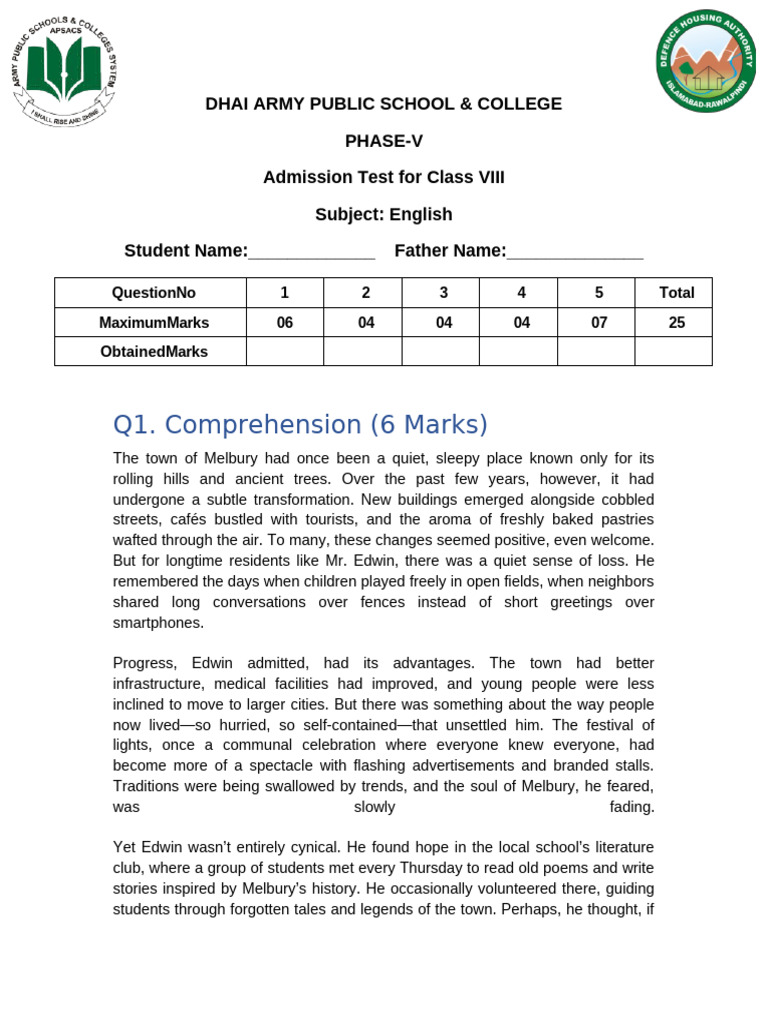 Class VIII English Admission Test Paper | PDF