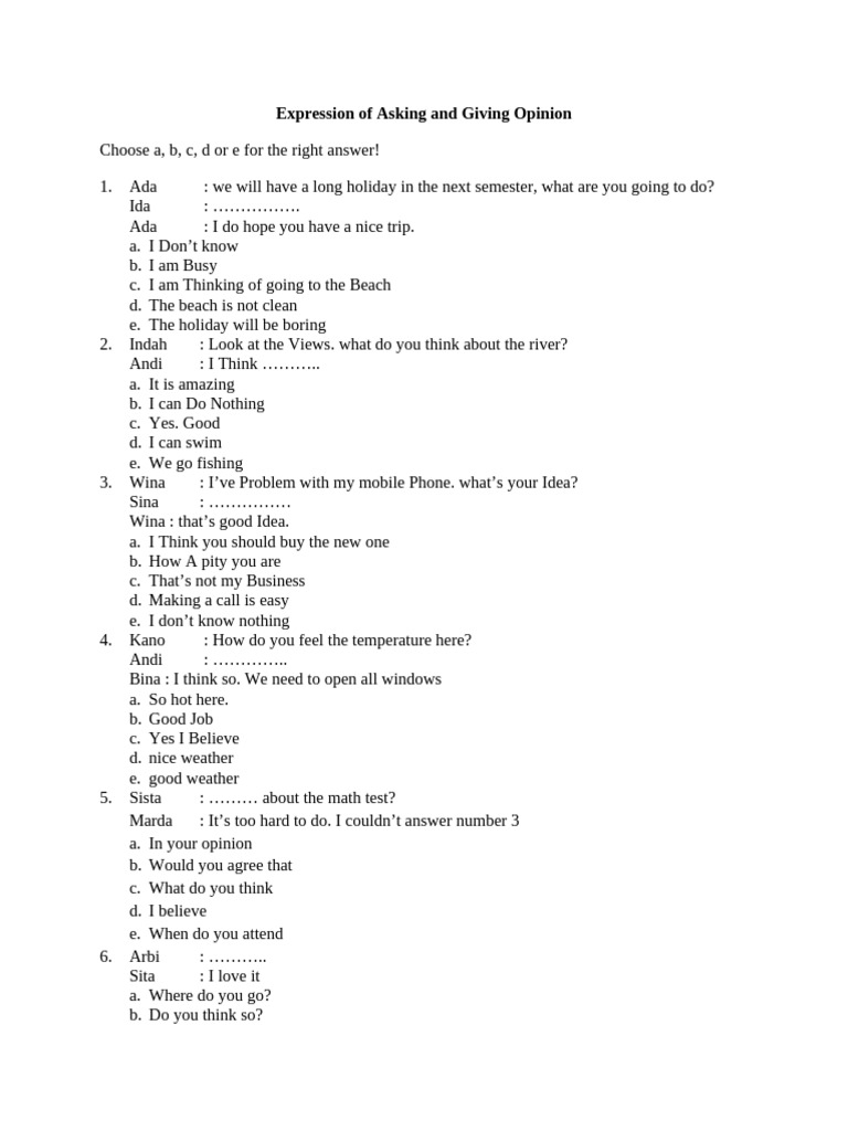 Excercise 1 Expression of Asking and Giving Opinion | PDF | Chess ...