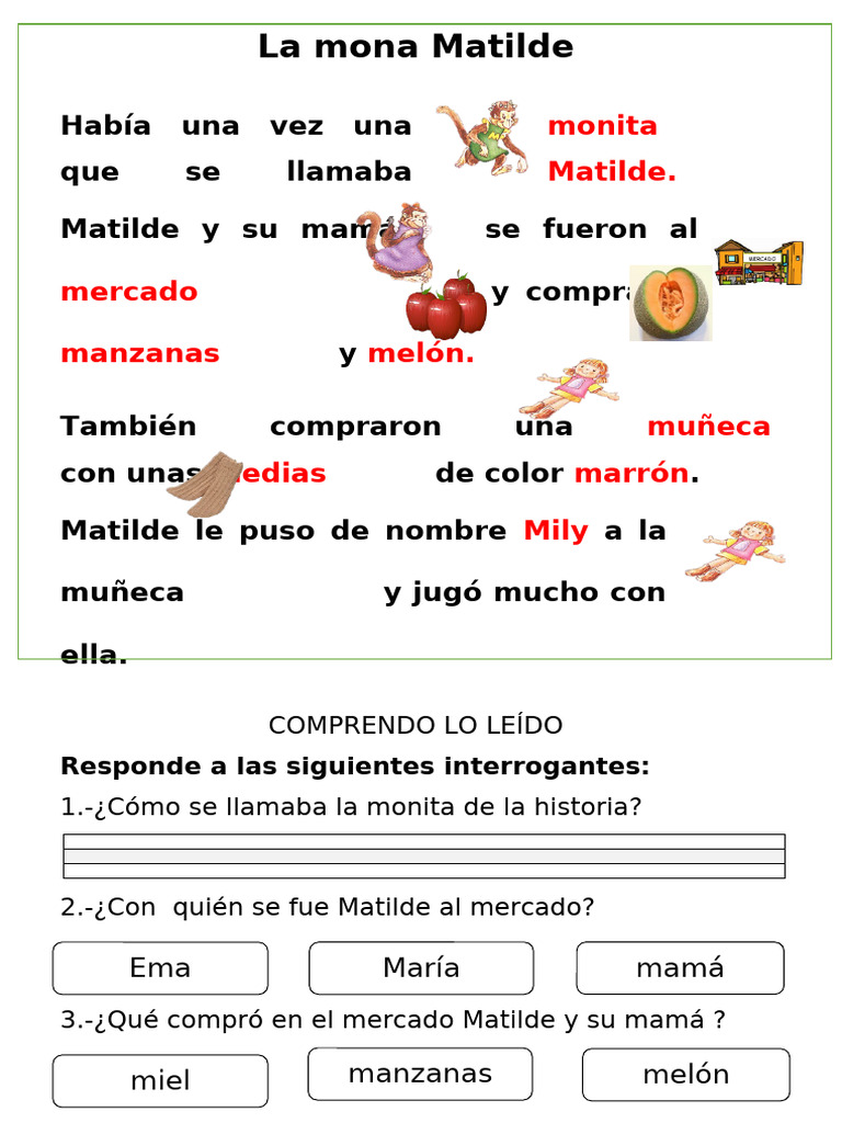 Ficha Comprensión La Mona Matilde | PDF