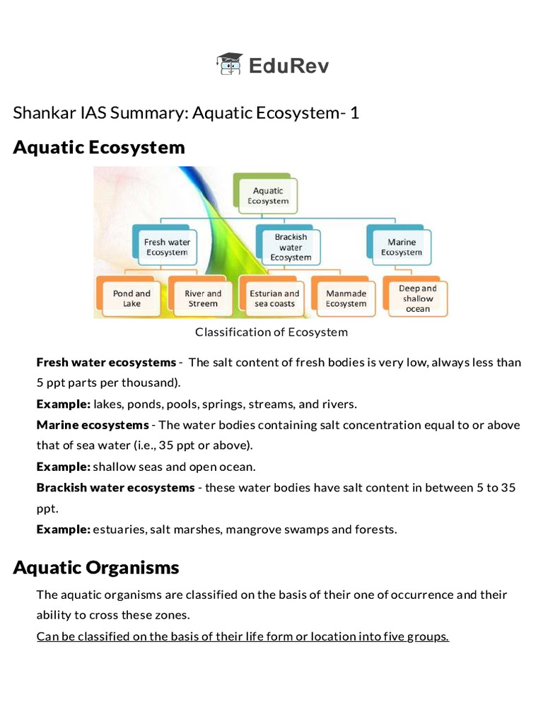 Shankar IAS Summary - Aquatic Ecosystem - 1 - Environment For UPSC CSE ...