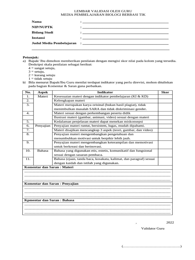 Lembar Validasi Produk Guru | PDF