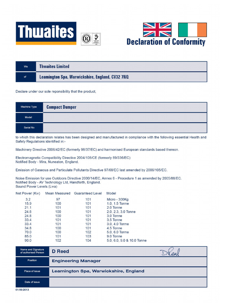 Thwaites Declaration of Conformity Mach591 | PDF