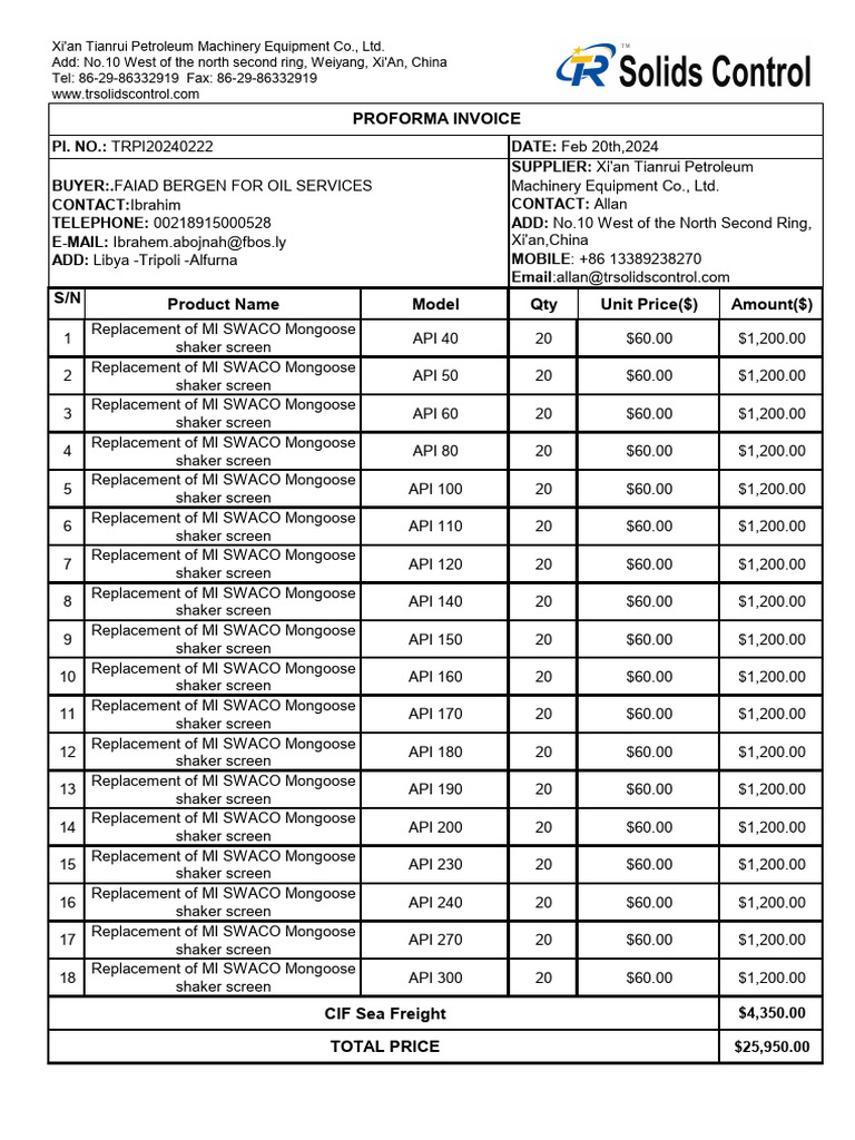 Discount Proforma Invoice-Shaker Screens | PDF