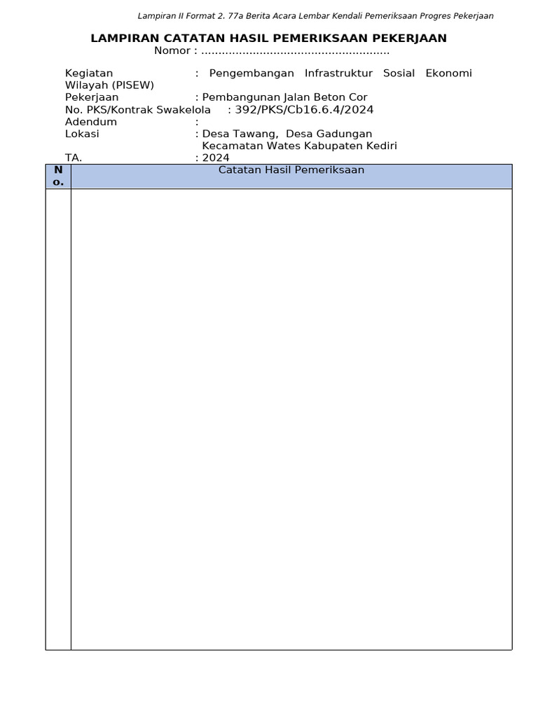 Lampiran II Format 2. 77a Berita Acara Lembar Kendali Pemeriksaan Progres Pekerjaan | PDF