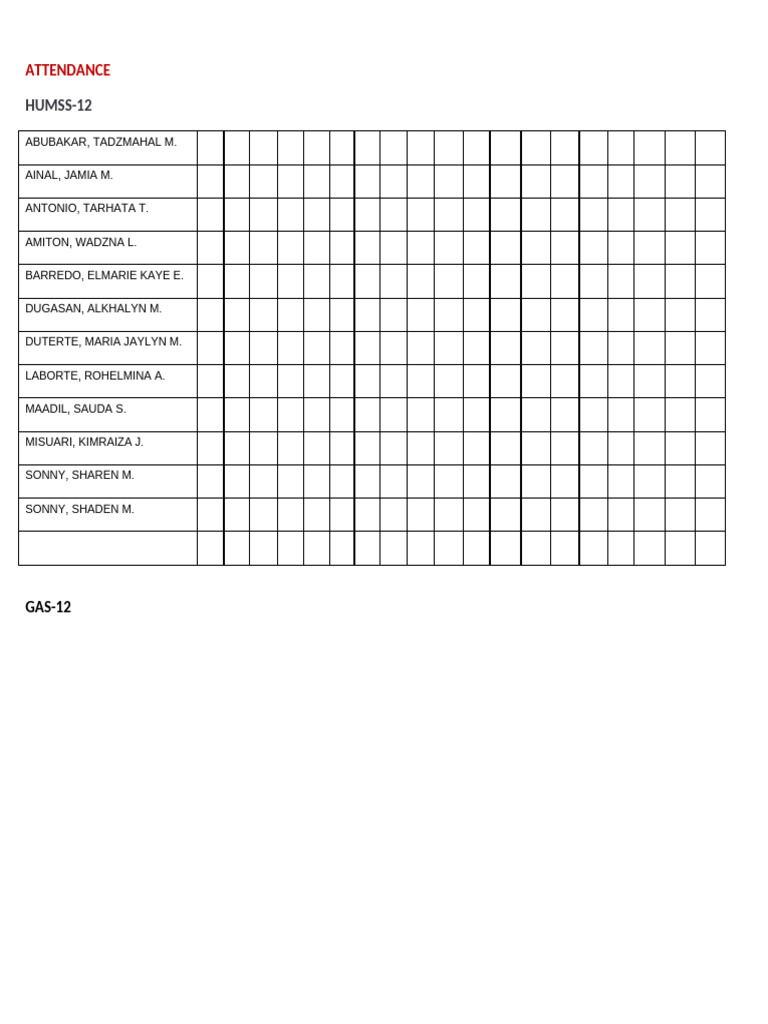 HUMSS GAS (Attendance) | PDF