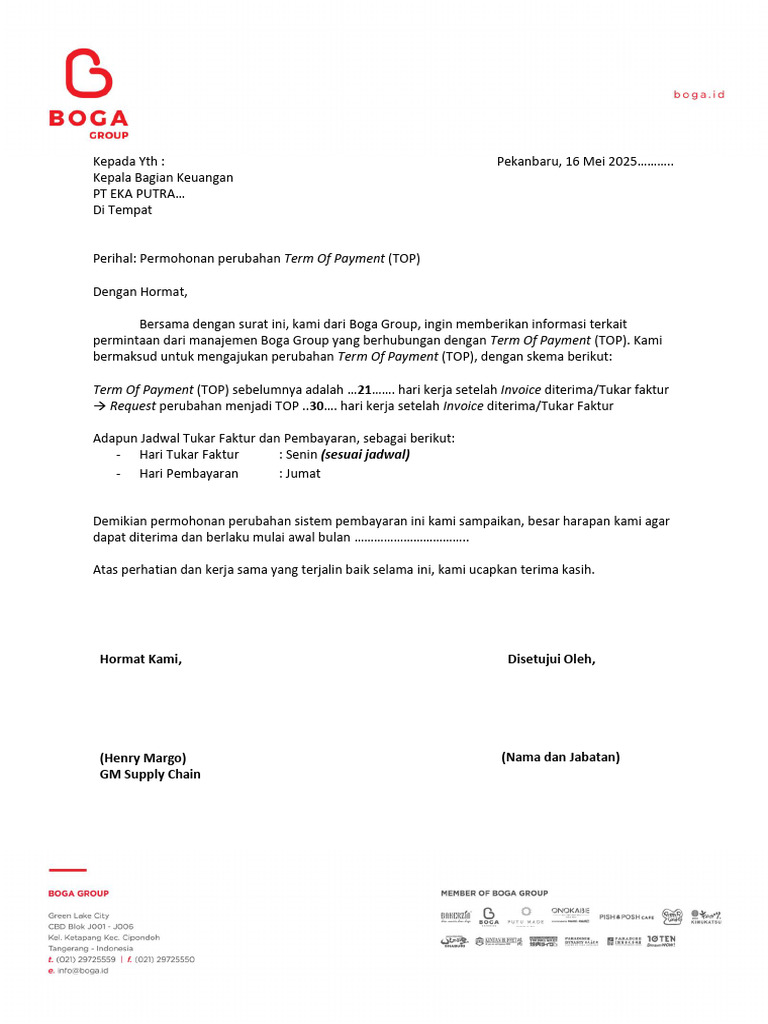 (Lukot) Surat Pernyataan Perubahan TOP Supplier Boga Group EKA PUTRA | PDF