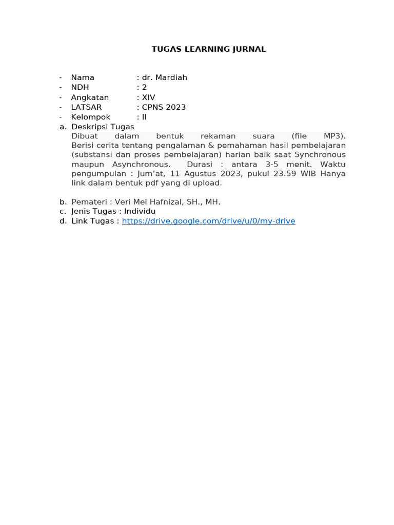 Link Tugas Learning Jurnal Dr. Mardiah | PDF