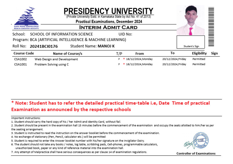 Interim Admit Card for BCA Exams | PDF