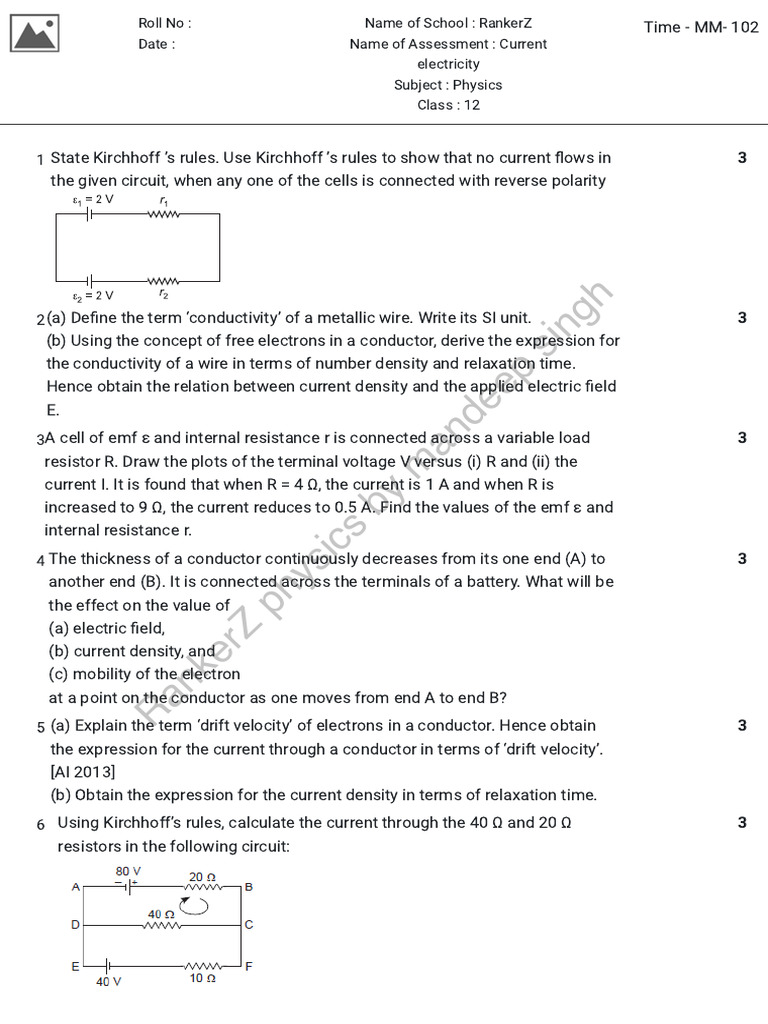 Physics Assessment: Current Electricity | PDF | Voltage | Electric Current