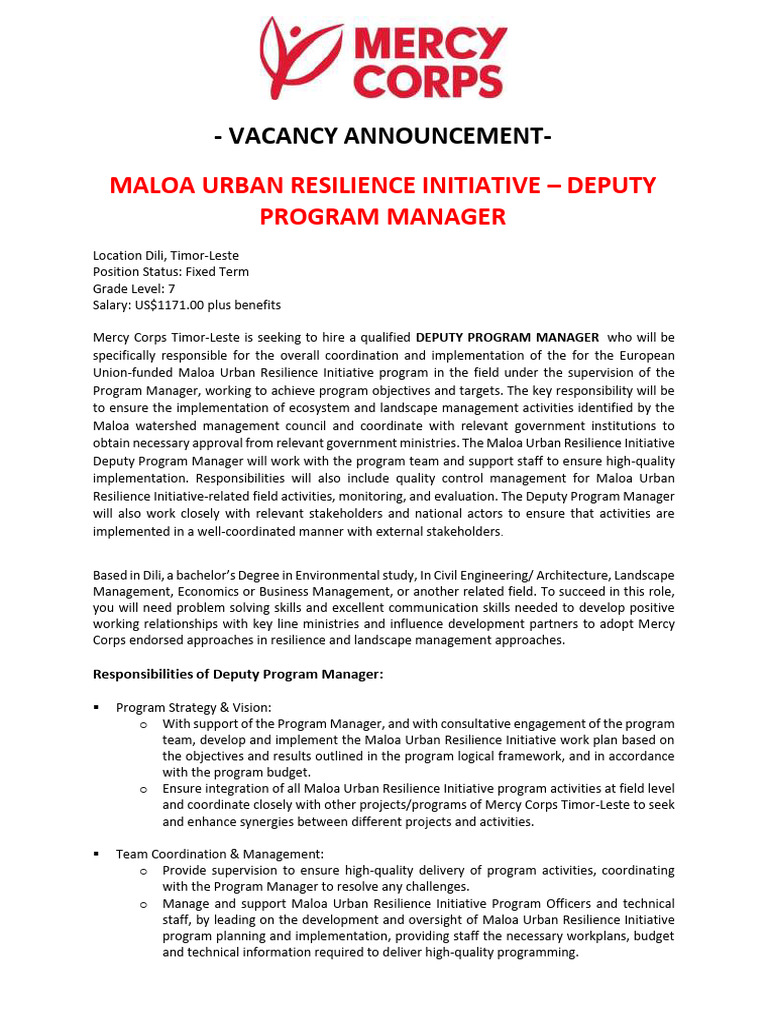 Vacancy Announcement - Deputy Program Manager - Maloa Urban Resilience ...