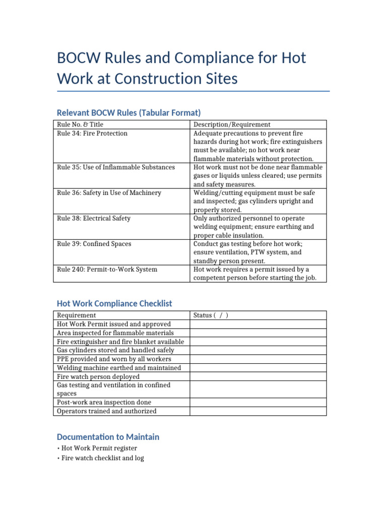 11 BOCW Hot Work Compliance Updated | PDF | Firefighting | Fires