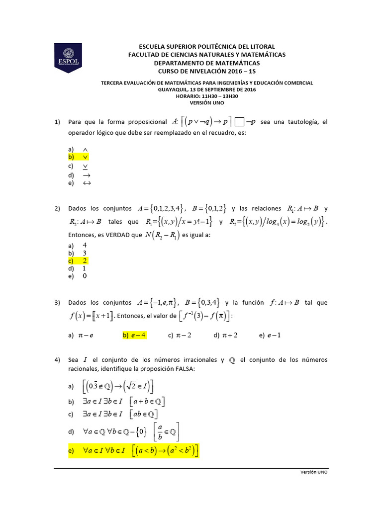 1S-2016 Matemáticas Recuperación11H30Versión1 | PDF | Sintaxis (Lógica ...