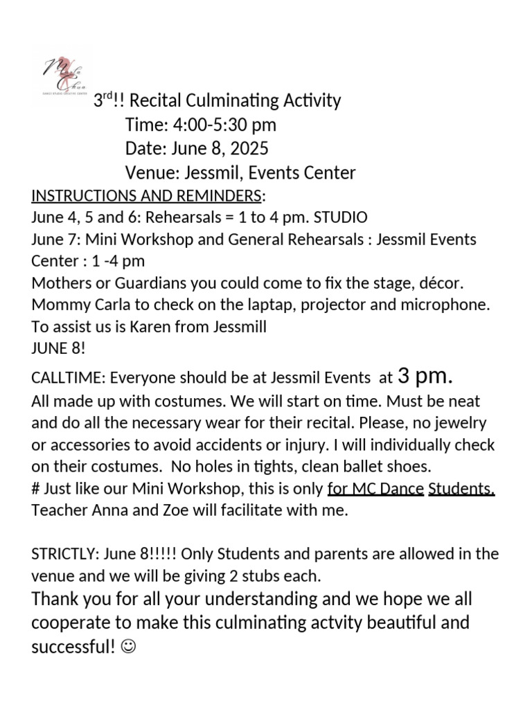 3rd! Recital Culminating Activity June 8 | PDF