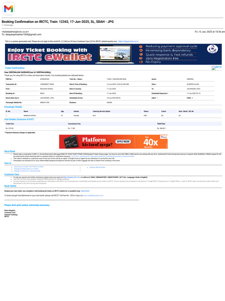 Gmail - Booking Confirmation On IRCTC, Train - 12343, 17-Jun-2025, SL ...