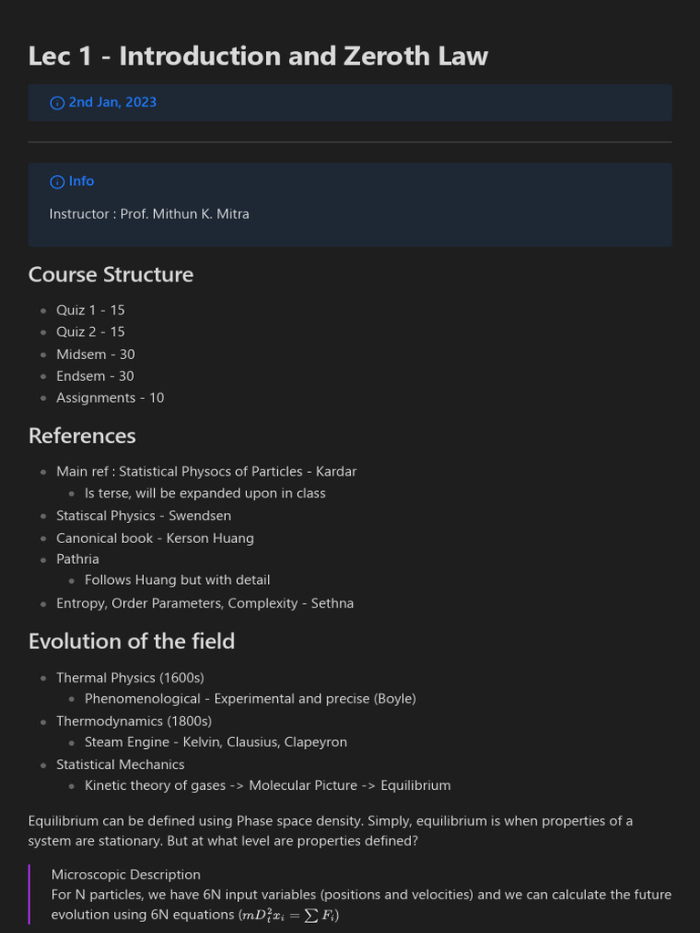 Lec 1 - Introduction and Zeroth Law | PDF | Thermodynamic Equilibrium | Temperature