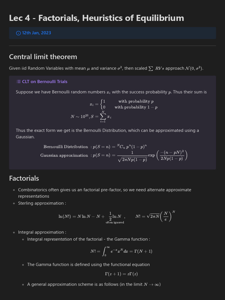 Lec 4 - Factorials, Heuristics of Equilibrium | PDF | Normal Distribution | Applied Mathematics