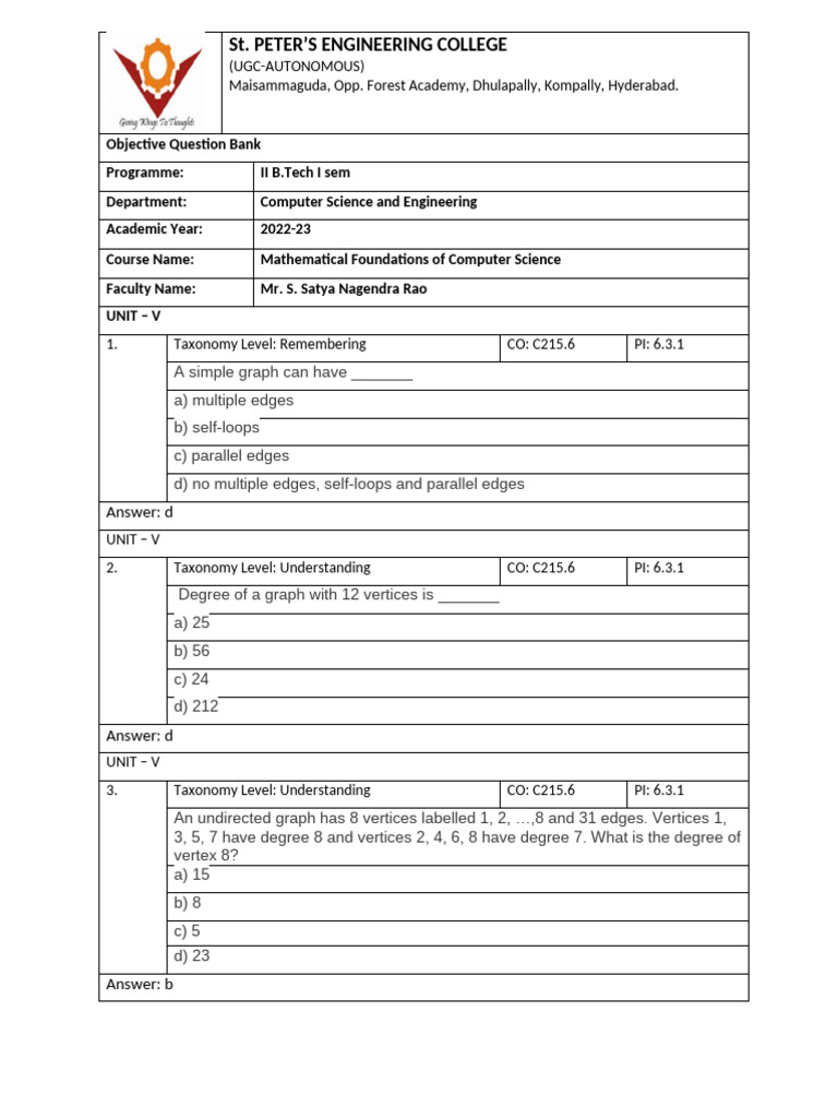 Unit - V MFCS OBJECTIVE | PDF | Vertex (Graph Theory) | Graph Theory