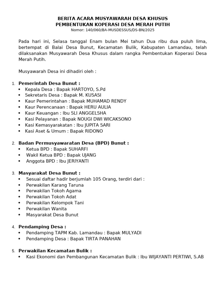 Berita Acara Musyawarah Desa Khusus Pembentukan KMP | PDF