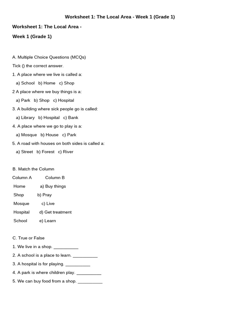 Local Area Worksheet Grade1 | PDF | Multiple Choice
