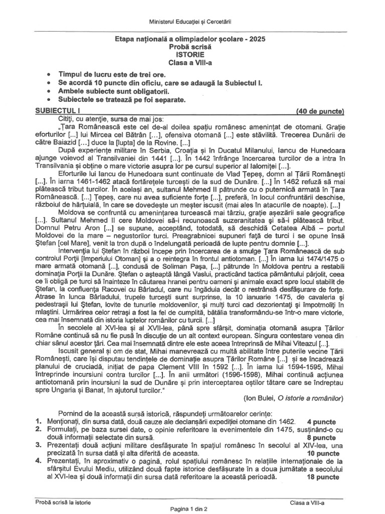 Subiecte Olimpiada de Istorie 2025 | PDF