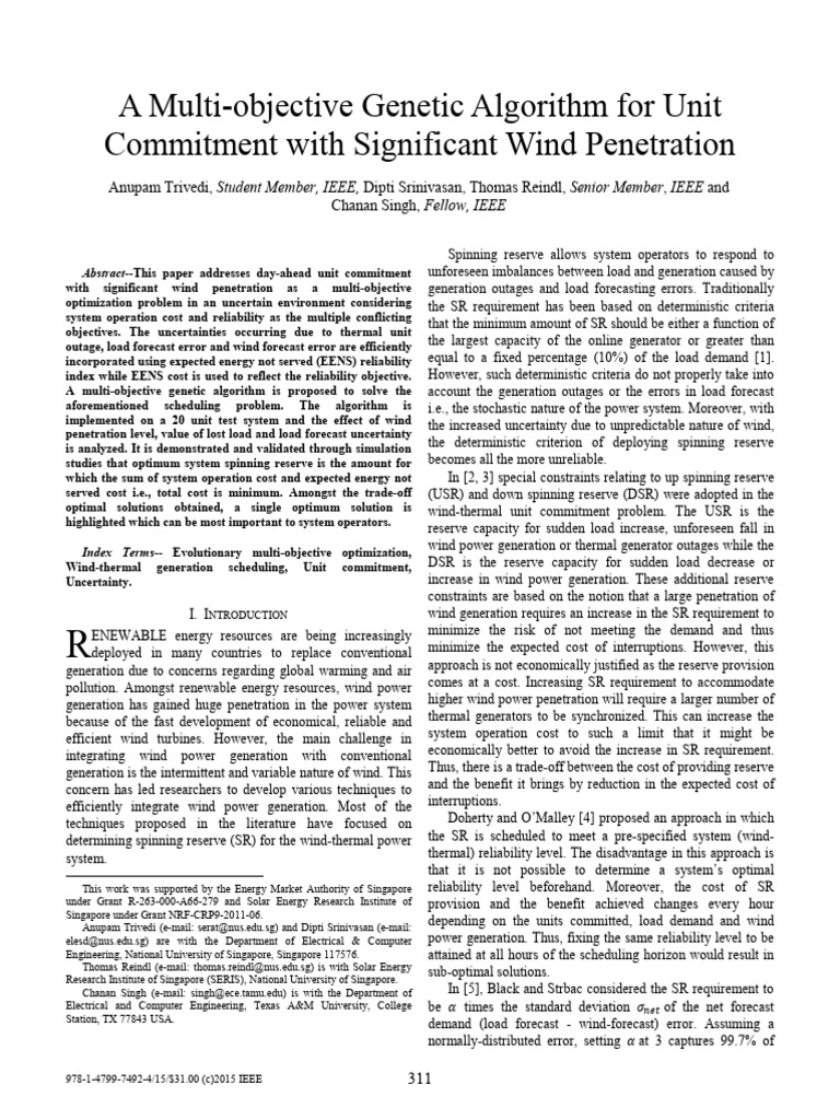 A Multi-Objective Genetic Algorithm For Unit Commitment With Significant Wind Penetration | PDF ...