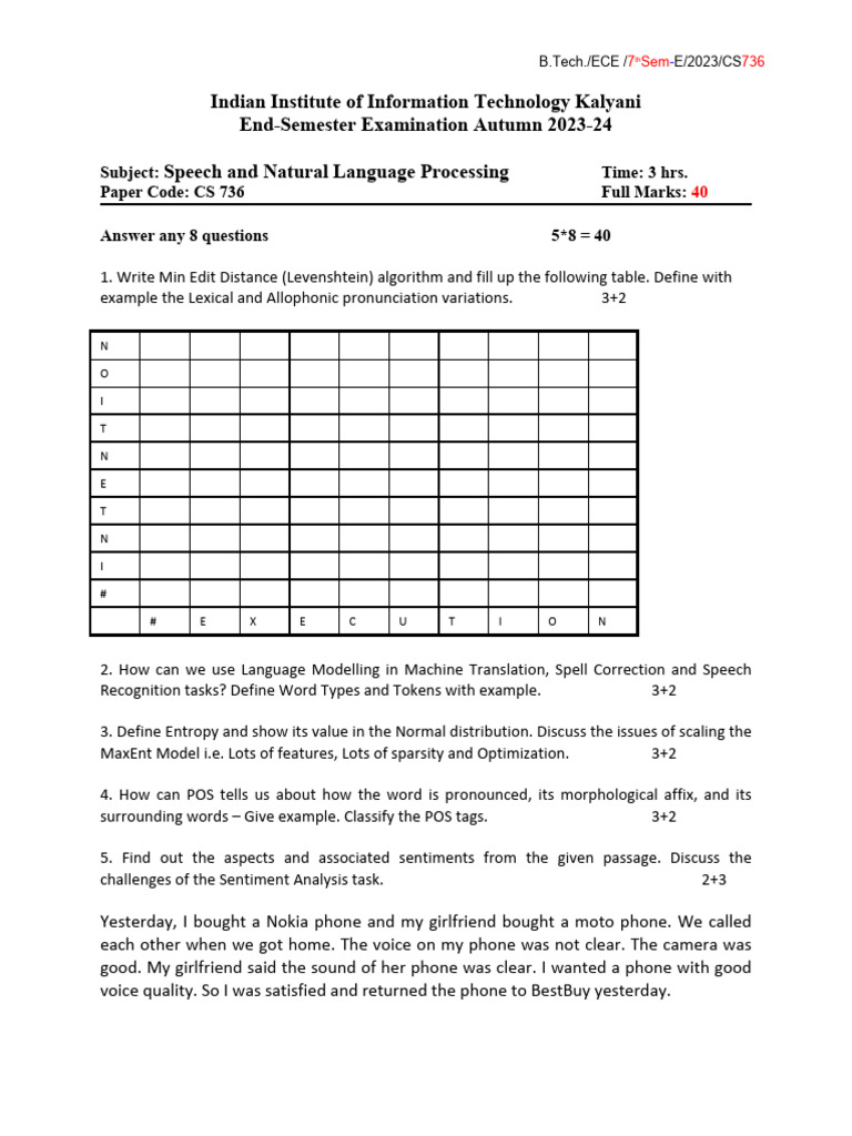 EndSem NLP Question Paper 2023 | PDF | Parsing | Linguistics