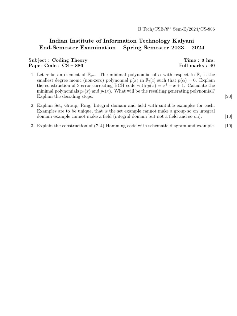 CS 886 EndSem Spring 2024 Coding Theory | PDF