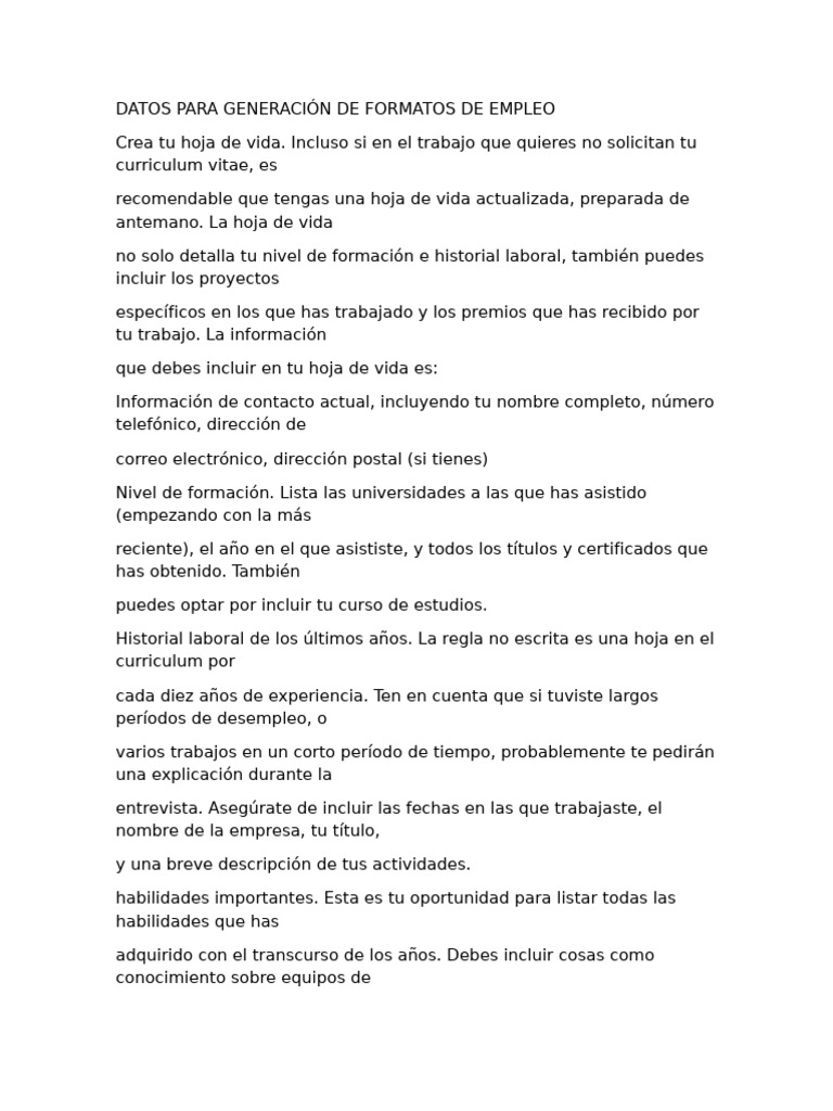 Datos para Crear Hoja de Empleo | PDF