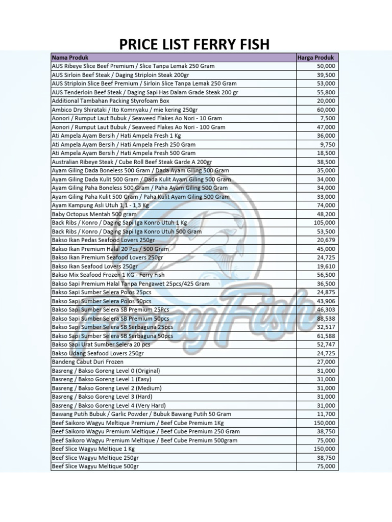 Price List Ferry Fish | PDF | Steak | Beef