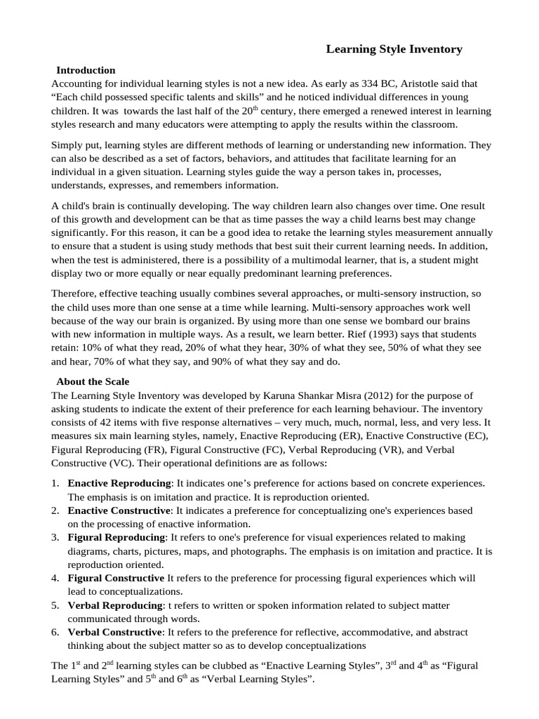 Learning Style Inventory for Students | PDF | Learning Styles | Learning