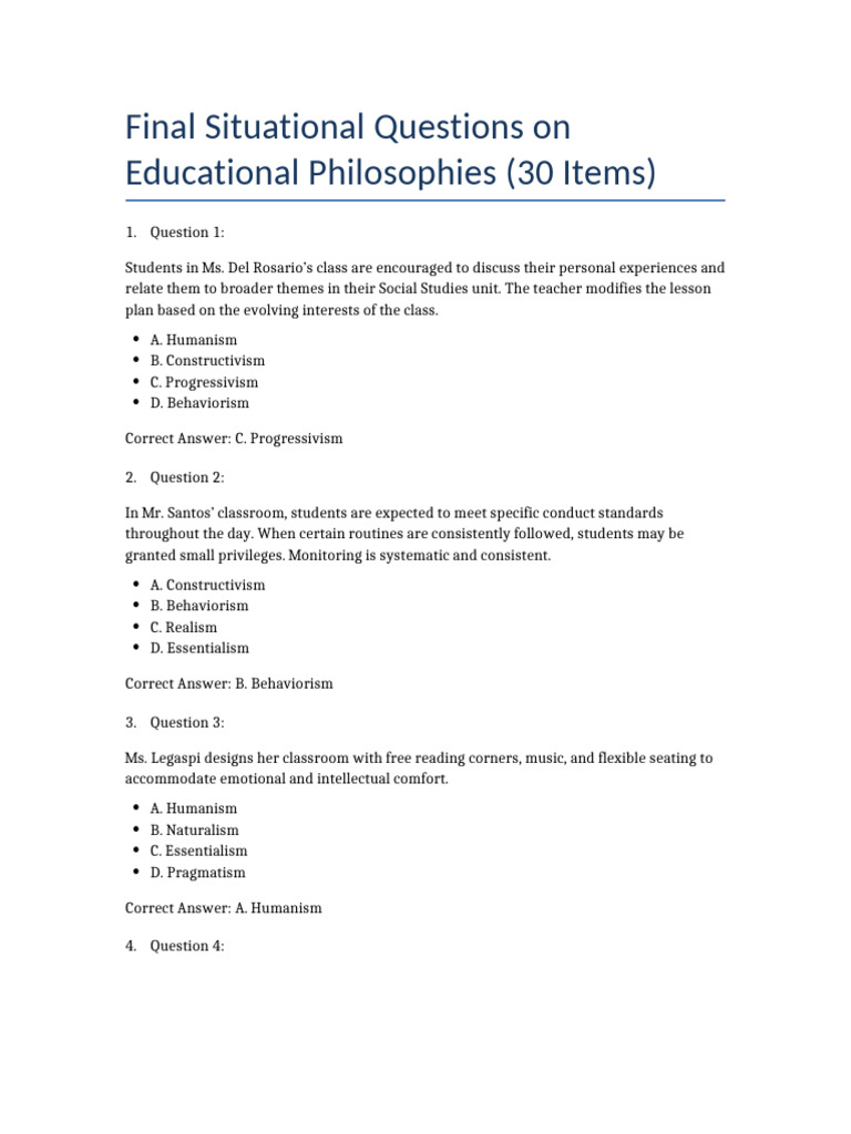 Situational Questions on Education Philosophies | PDF | Constructivism ...
