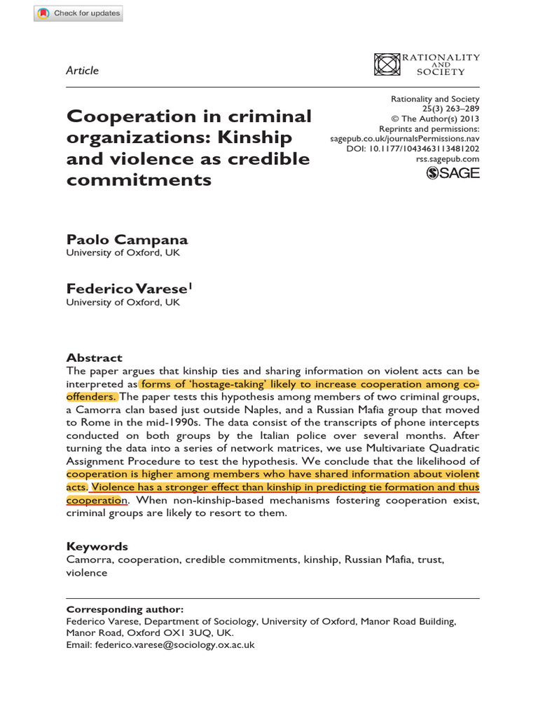 Campana Varese 2013 Cooperation in Criminal Organizations Kinship and ...