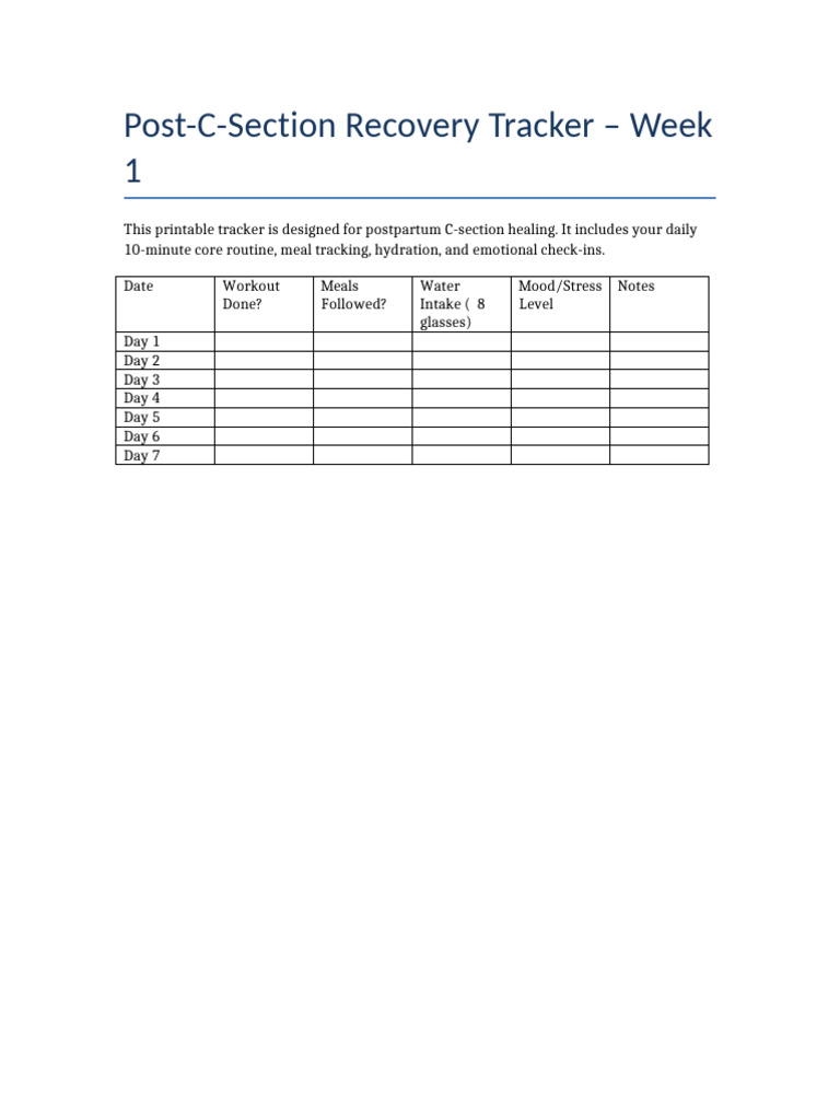 Post C Section Recovery Tracker Week1 | PDF