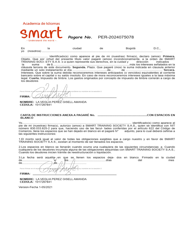 Pagaré y Carta de Instrucciones Bogotá | PDF