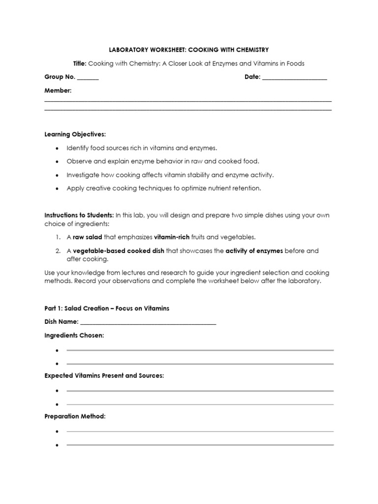 Laboratory Worksheet - Vitamins and Enzymes | PDF | Cooking | Foods