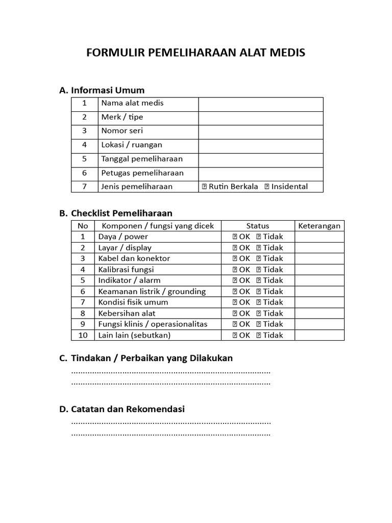 Formulir Pemeliharaan Alat Medis | PDF
