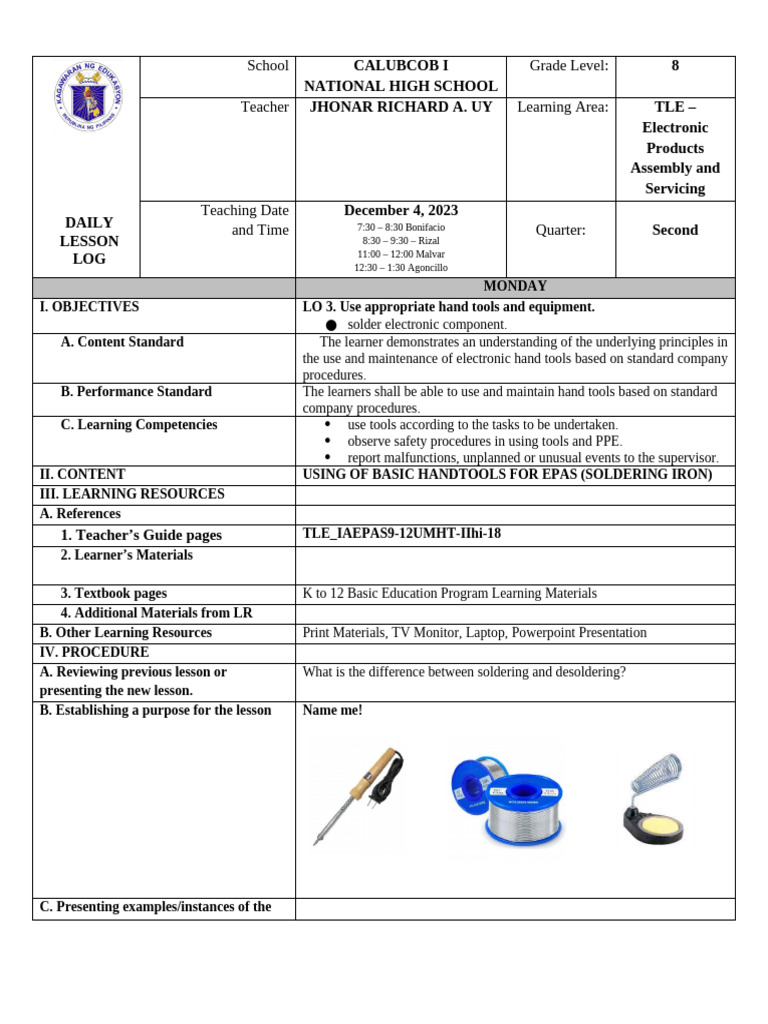 Tle 8 DLL December 4 J 2023 | PDF | Soldering | Learning