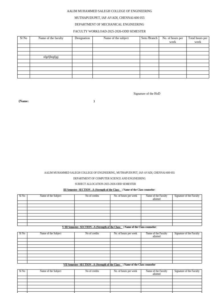Faculty Workload and Subject Allocation 2025 2026 Odd Semester | PDF