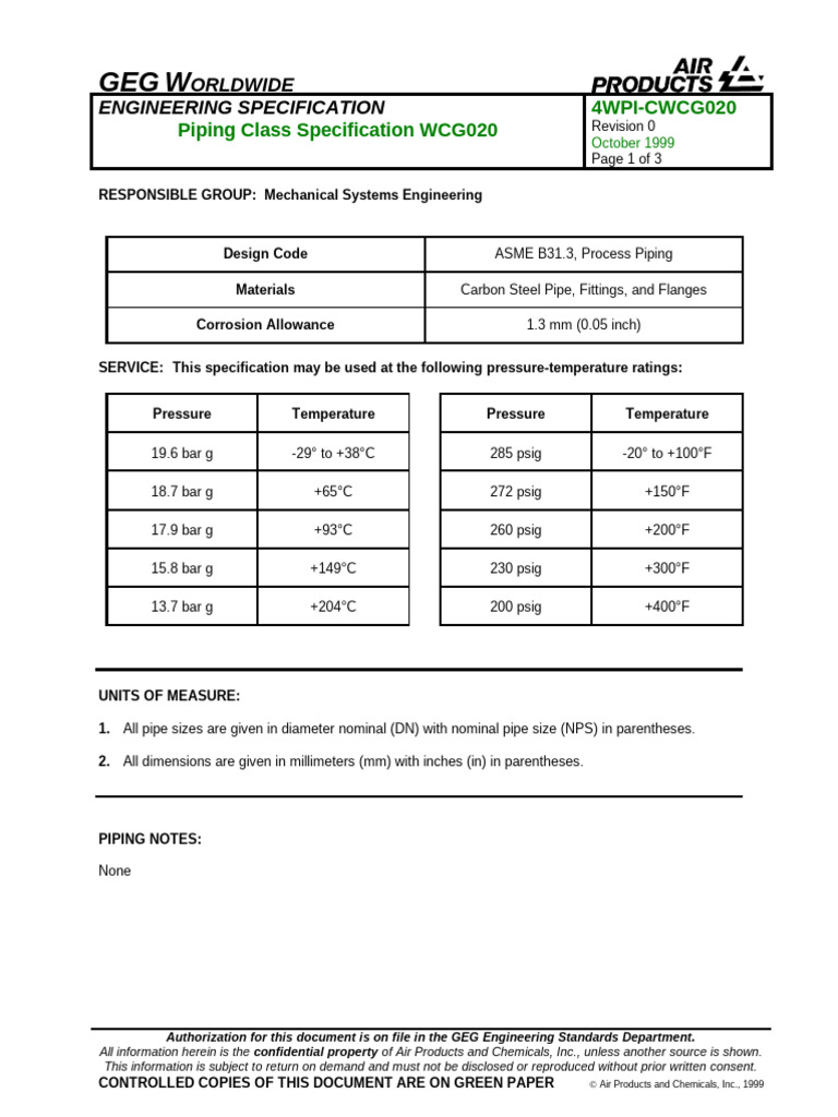 Piping Class Specification WCG020 | PDF | Mechanical Engineering | Plumbing