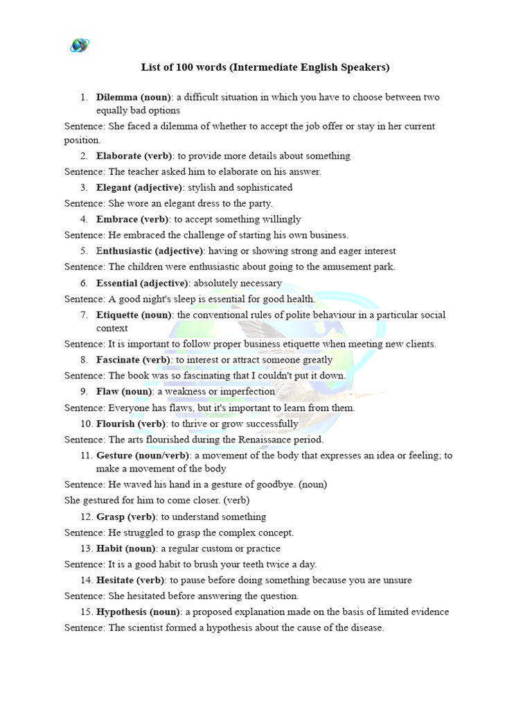 100 Vocabulary Words with Meanings | PDF | Verb | Adjective