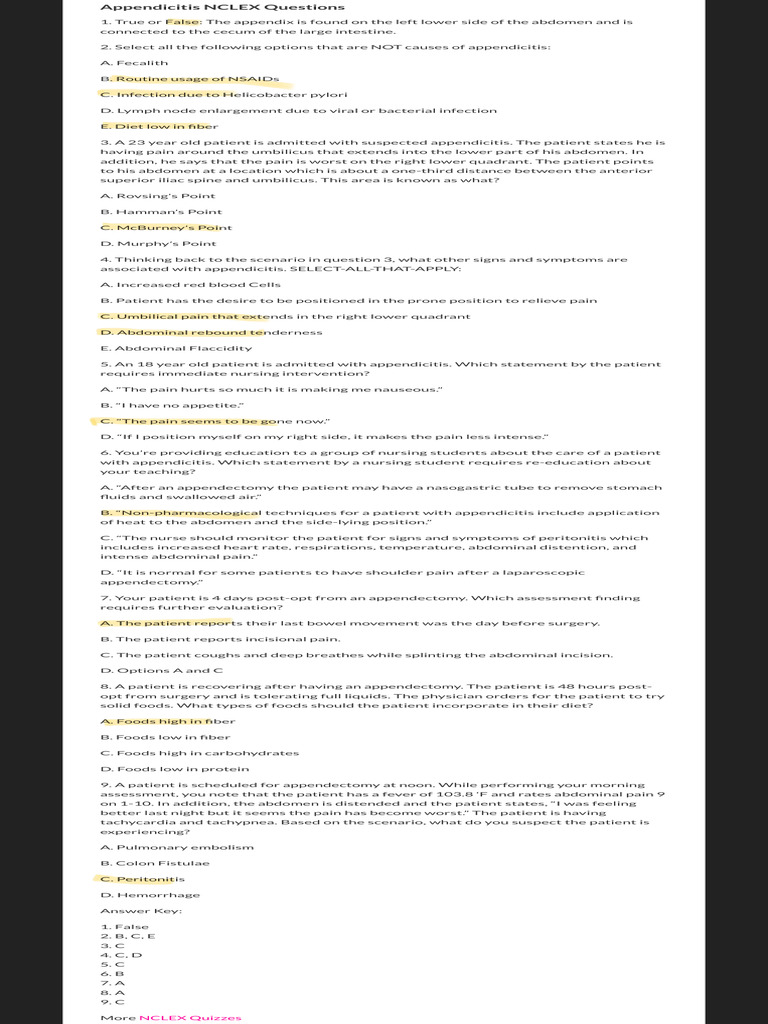 NCLEX Appendicitis Practice Questions | PDF | Abdomen | Gastroenterology