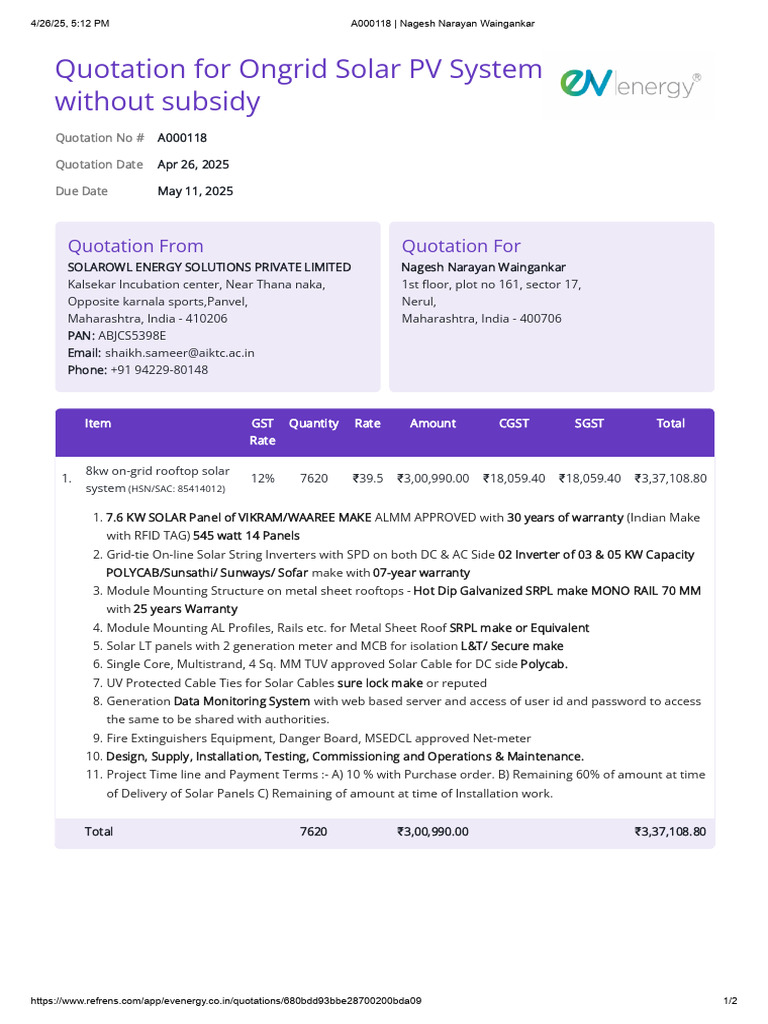A000118 - Nagesh W With Inverter Without Subsidy | PDF | Photovoltaic System | Solar Panel