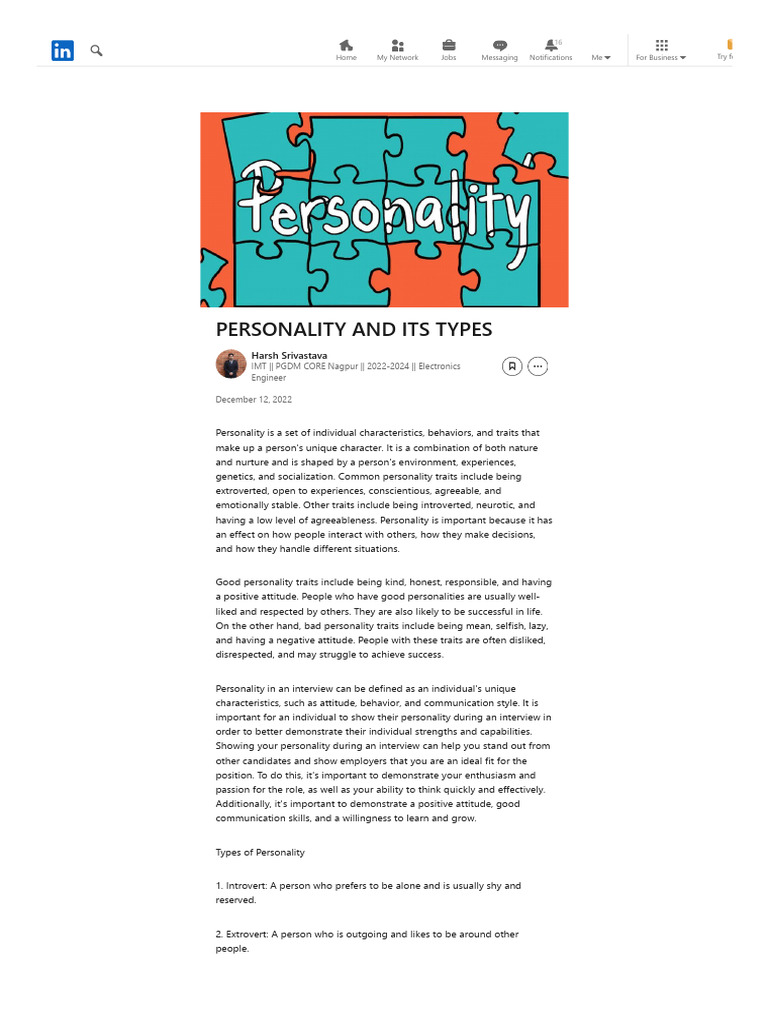 Personality and Its Types - Linkedin | PDF | Extraversion And Introversion | Human Development