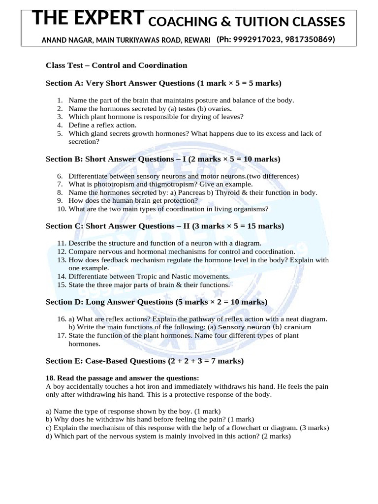 Control and Coordination Class Test | PDF