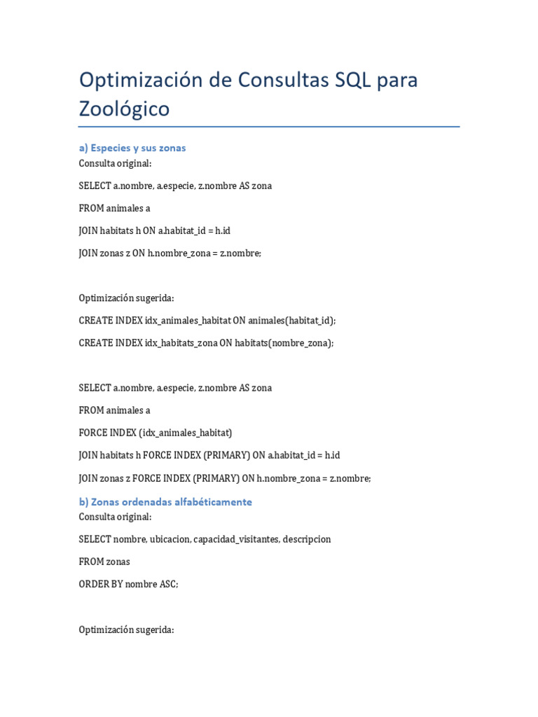 Optimizacion Consultas Zoologico | PDF | SQL | Bases de datos