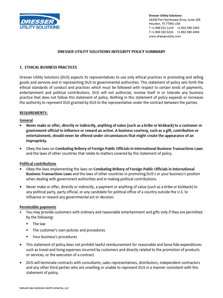 DUS Integrity Policy Summary 4-09-21 | PDF | Bribery | Competition Law