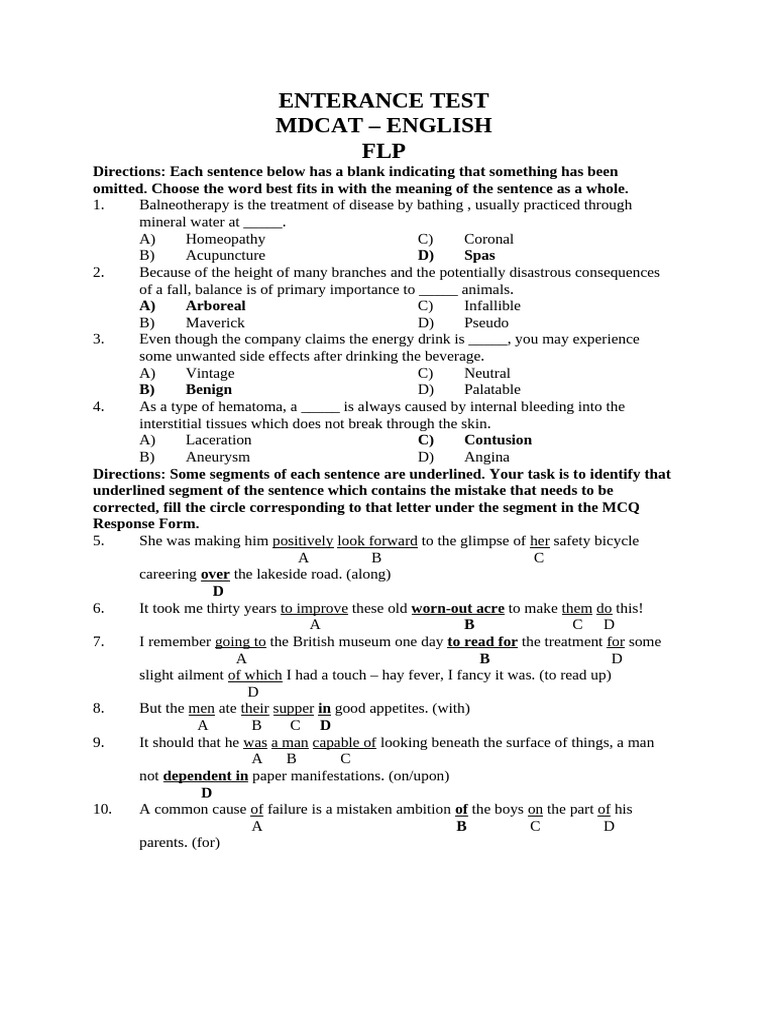 MDCAT English Entrance Test Practice | PDF