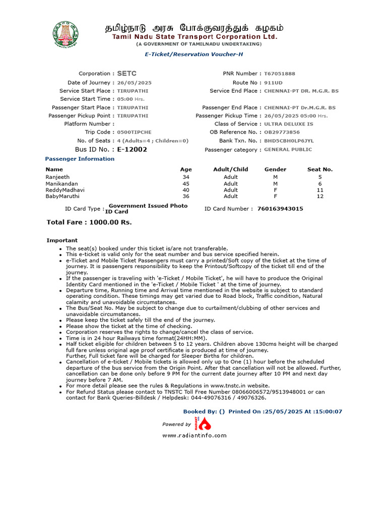 TNSTC 26 May 2025 Tpty Chennai | PDF | Public Transport | Transport