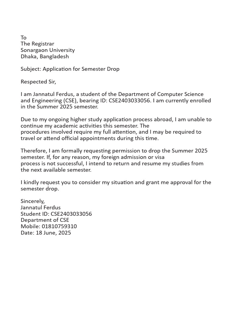 Semester Drop Request by Jannatul Ferdus | PDF