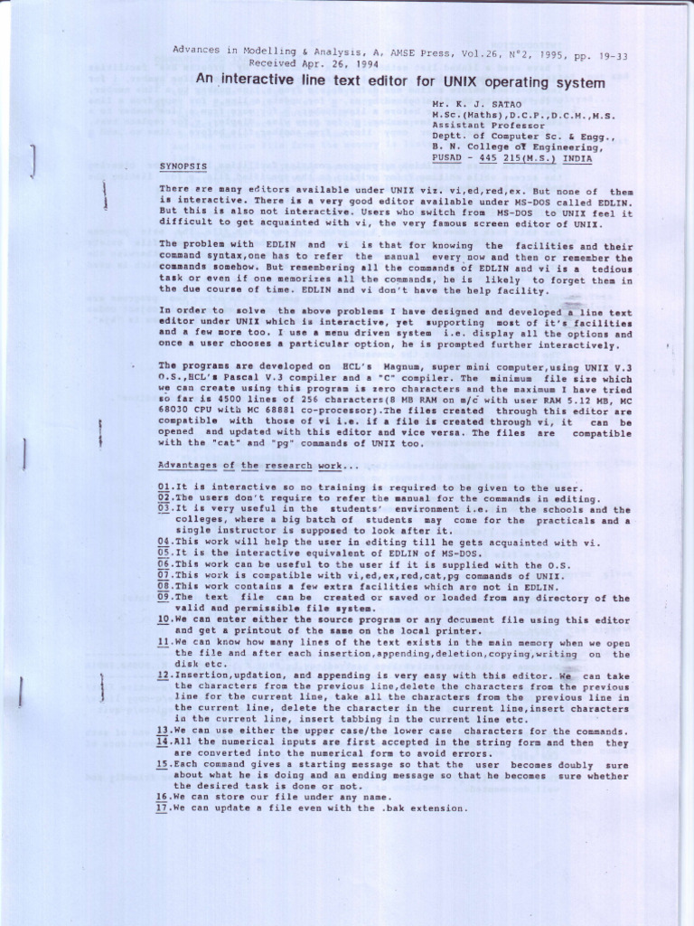 KJS JOURNAL PAPER 4, An Interactive Line Text Editor For Unix Operating System | PDF | Computer ...